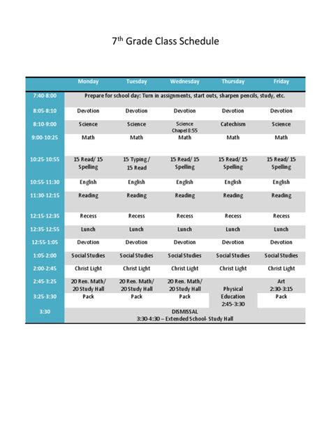 7th Grade Class Schedule Pdf