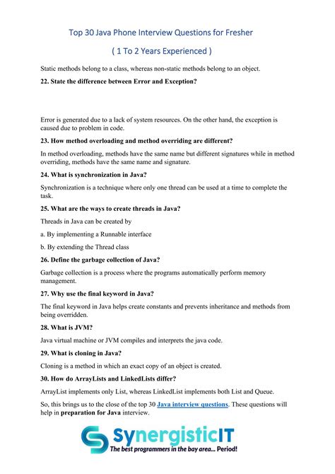 Top 30 Java Phone Interview Questions Answers For Freshers 1 To 2