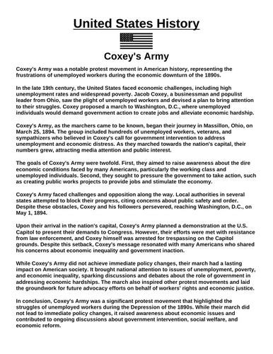 Coxeys Army “article And Questions” Assignment Teaching Resources