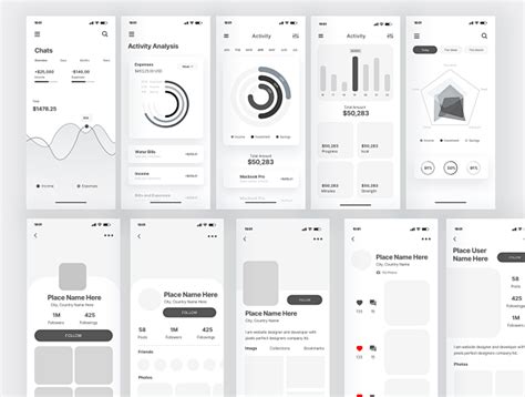 Nova App Wireframe Kit 95屏数据可视化图表分析电商菜单聊天线框原型图app界面设计模板 Uigui