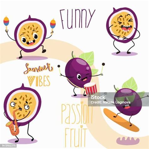 5 재미있는 열정 과일 만화 캐릭터 서핑 악기 및 레터링의 벡터 일러스트 레이 션 세트 패션프룻에 대한 스톡 벡터 아트 및 기타