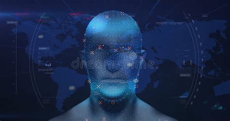 Animation Of Digital Human Model Over Scope Scanning With World Map On Black Background Stock