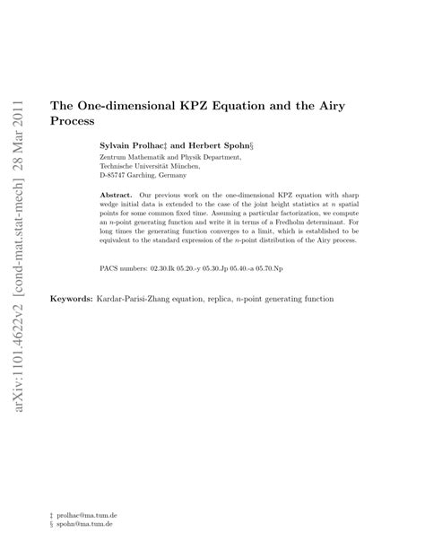 Pdf The One Dimensional Kpz Equation And The Airy Process