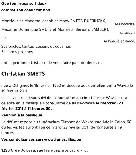 Avis De Décès De Christian Smets Décédé Le 19 02 2011 à Wavre Annonce