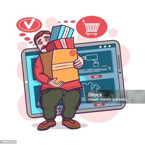 성인 남성은 구매와 함께 상자를 들고 태블릿을 통해 물건을 주문합니다 전자 상거래의 이점 가방에 대한 스톡 벡터 아트 및 기타 이미지 가방 고객 구매 Istock