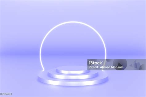 제품 배경 단계 또는 연단을 위한 3d 플랫폼 파란 색깔 및 반지 원형 네온 백색 색깔을 가진 빈 전시 플랫폼 3d 일러스트레이션 렌더링 0명에 대한 스톡 사진 및 기타