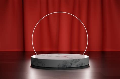 제품 프리젠 테이션을위한 대리석 3d 연단과 배경에 빨간색 섬유 커튼네온 원 빈 플랫폼 모형과 간단한 기하학적 요소로 3d 모델링 장면 0명에 대한 스톡 사진 및 기타