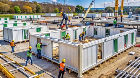 Construction Site With Workers Assembling Prefabricated Structures