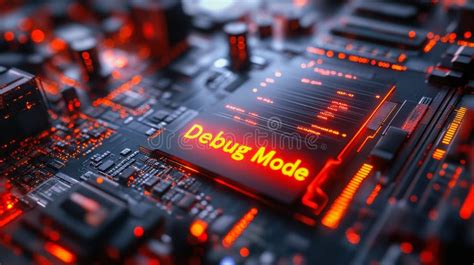 Glowing Circuit Board With Debug Mode Alert In Technology Concept Stock