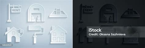 페인트 롤러 브러시 사다리가 있는 수영장 집 방패 홈 기호 창고 및 교수형 기호 텍스트 임대 아이콘을 설정합니다 벡터 3차원 형태에 대한 스톡 벡터 아트 및 기타 이미지