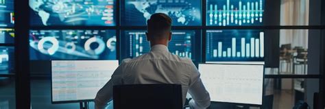 A Man In A White Shirt Sits In Front Of Multiple Computer Screens Displaying Data And Charts
