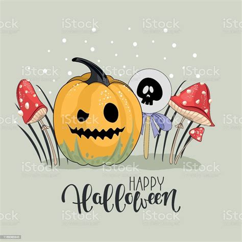할로윈 초대장 귀여운 괴물과 인사말 카드 템플릿 호박과 손으로 쓴 비문 문구 해피 할로윈 10월에 대한 스톡 벡터 아트 및 기타 이미지 Istock
