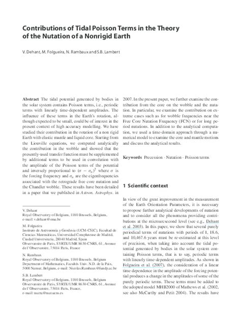 Pdf Contributions Of Tidal Poisson Terms In The Theory Of The Nutation Of A Nonrigid Earth