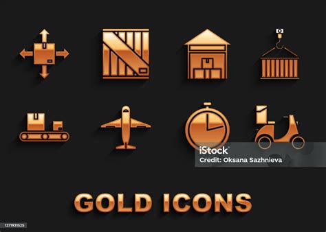 세트 평면 크레인에 컨테이너 스쿠터 배달 스톱 워치 골판지 상자 창고 골판지 교통 기호와 나무 아이콘 컨베이어 벨트 벡터 건축하기에 대한 스톡 벡터 아트 및 기타 이미지