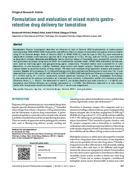Pdf Formulation And Evaluation Of Mixed Matrix Gastro Retentive Drug Delivery For Famotidine