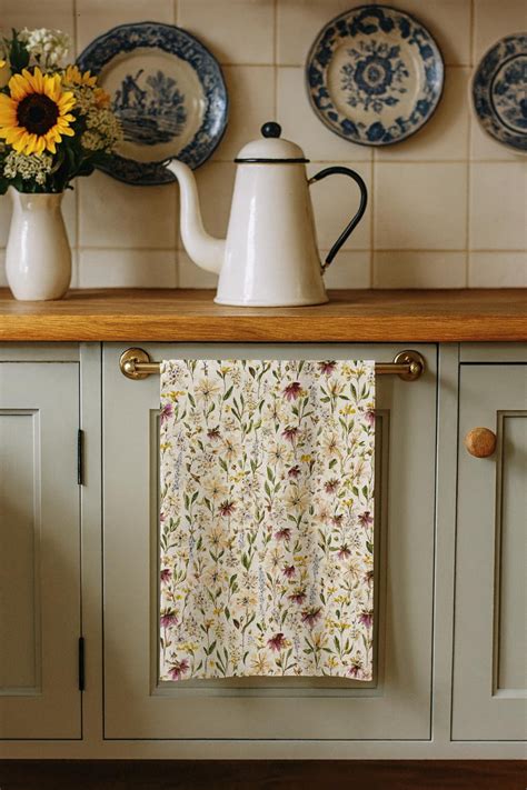 Floral Cotton Tea Towel Cottagecore Kitchen Decor Hand Painted Etsy