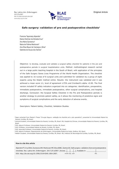 Pdf Safe Surgery Validation Of Pre And Postoperative Checklists
