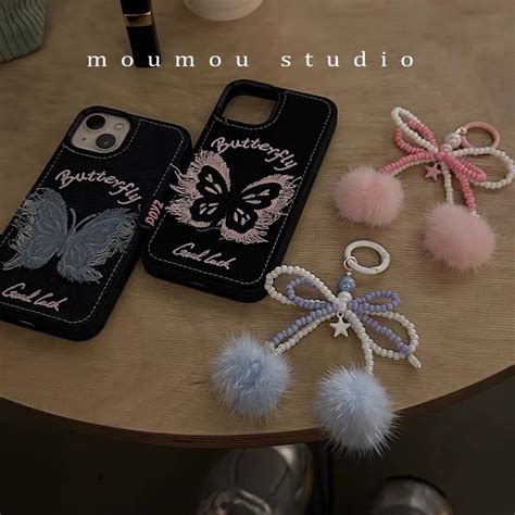 비즈스트랩줄 데님 자수 나비 범퍼케이스 아이폰케이스 유니크 특이한 15프로맥스 14프로맥스 13프로맥스 12프로맥스 귀여운 키치 감성 레트로 에이블리