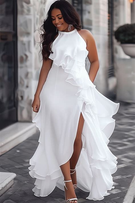 Xpluswear Design Plus Size Wedding White Halter Collar Split Ruffle