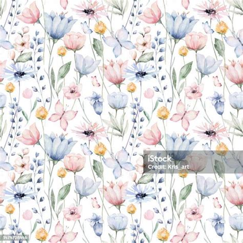 추상적인 파란색 분홍색 꽃과 잎이 있는 매끄러운 꽃 패턴 소박한 빈티지 스타일 섬유 또는 배경 화면 배경의 수채화 다채로운 인쇄 꽃 식물에 대한 스톡 벡터 아트 및 기타