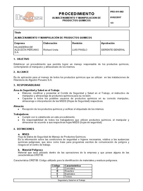 Pro 011 002 Almacenamiento Y Manipulacion De Productos Quimicos Pdf