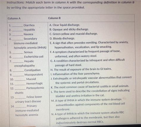 instructions match each term in column a with the