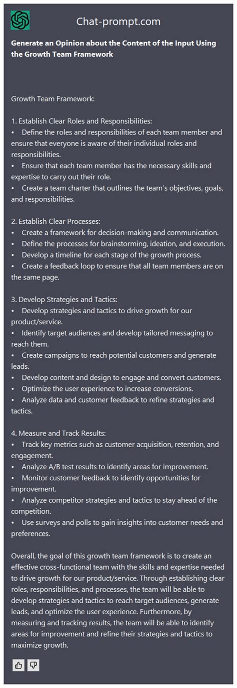 Generate An Opinion About The Content Of The Input Using The Growth Team Framework Free Chatgpt