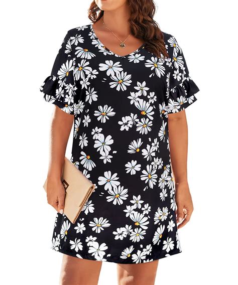Cassie Liz Ladies Plus Size Dress 4x Daisy Print Pocket Flutter Trim
