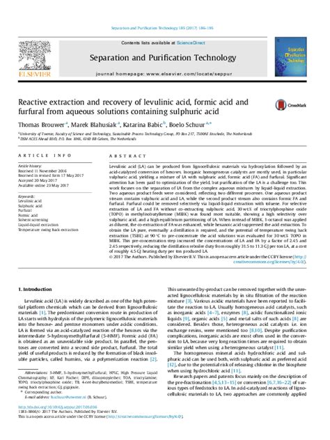 Pdf Reactive Extraction And Recovery Of Levulinic Acid Formic Acid And Furfural From Aqueous