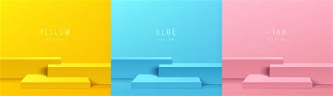 노란색 밝은 파란색과 분홍색 큐브 단계 받침대 연단 세트추상 3d 룸 세트 제품 디스플레이 프리젠 테이션을위한 파스텔 최소 장면 벡터 기하학적 플랫폼 설계 쇼케이스 무대