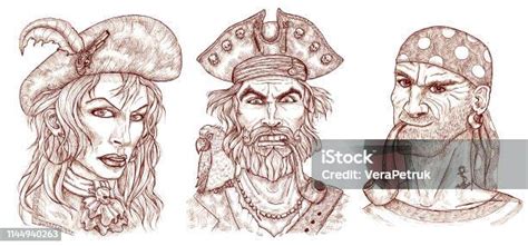 바다 선장 여자 화난 해 적 뱃사공 흰색 절연으로 설정 된 디자인 해적에 대한 스톡 벡터 아트 및 기타 이미지 해적 여자