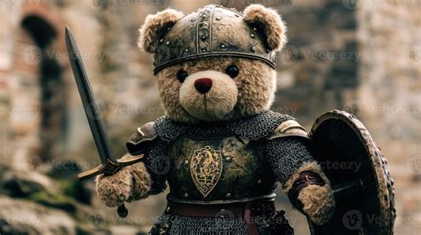 A Plush Teddy Bear Dressed As A Medieval Knight Ready For Adventure