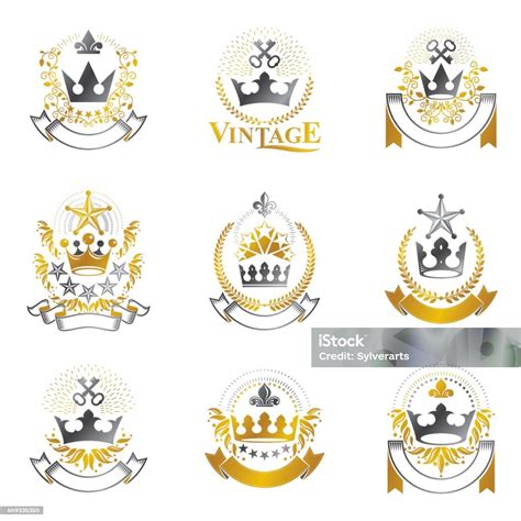 로얄 크라운 엠블럼 세트 팔 장식 로고 격리 벡터 일러스트 컬렉션의 헤럴드 코트 고풍스런에 대한 스톡 벡터 아트 및 기타 이미지 고풍스런 공주 구도 Istock