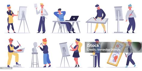 아티스트 크리에이티브 캐릭터 예술 직업 화가 조각가 및 장인 남녀 크리에이터 벡터 일러스트 세트 공예에 대한 스톡 벡터 아트 및 기타 이미지 Istock