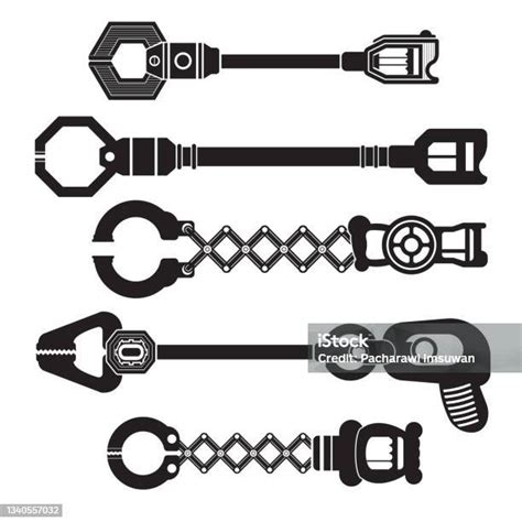 흰색 배경에 설정 된 로봇 발톱 아이 플라스틱 로봇 손 장난감 로봇 발톱 팔 장난감 기계 손 장난감 발톱 게임 장치의 만화 개념