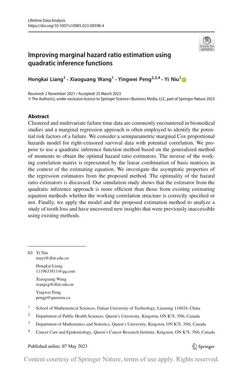 Improving Marginal Hazard Ratio Estimation Using Quadratic Inference Functions Request PDF