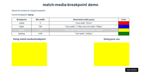 Match Media Breakpoint Examples Codesandbox