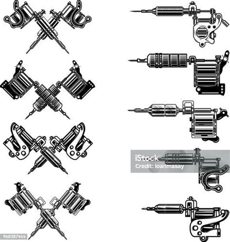 문신 기계 그림의 집합입니다 배지 기호 엠 블 럼 라벨 디자인 요소입니다 기계류에 대한 스톡 벡터 아트 및 기타 이미지
