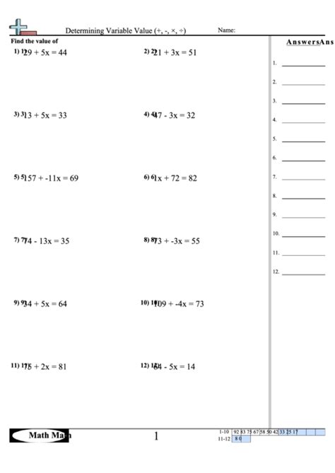 determining variable value sheet printable pdf download