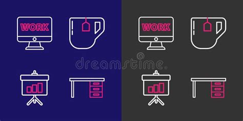 Set Line Office Desk Chalkboard With Diagram Cup Of Tea Tea Bag And Monitor Text Work Icon