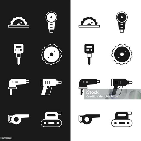 원형 톱날 건설 착암기 전기 원형 앵글 그라인더 퍼즐 무선 드라이버 대패 도구 및 잎 정원 송풍기 아이콘을 설정합니다 벡터