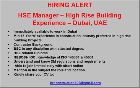 Hiring Immediate Hse Manager High Contractor Sam Mohan
