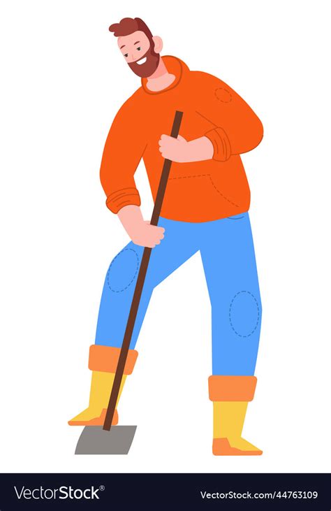 Man Digging With Shovel Gardening Ground Soil Vector Image