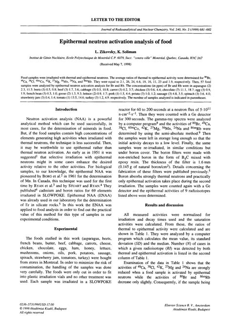 Pdf Epithermal Neutron Activation Analysis Of Food