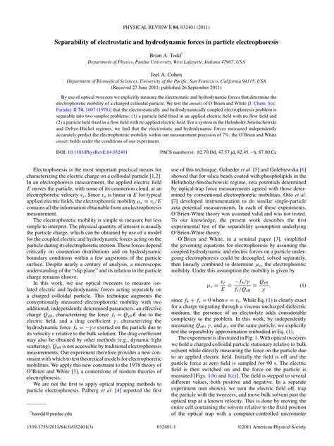 Pdf Separability Of Electrostatic And Hydrodynamic Forces In Particle Electrophoresis