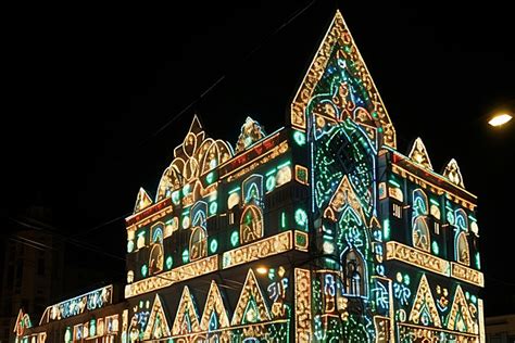 화려한 크리스마스 조명으로 장식된 건물 네온 로우앵글 밤 배경 일러스트 및 사진 무료 다운로드 Pngtree