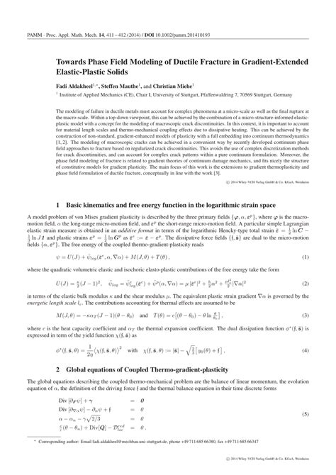 Pdf Towards Phase Field Modeling Of Ductile Fracture In Gradient Extended Elastic Plastic Solids