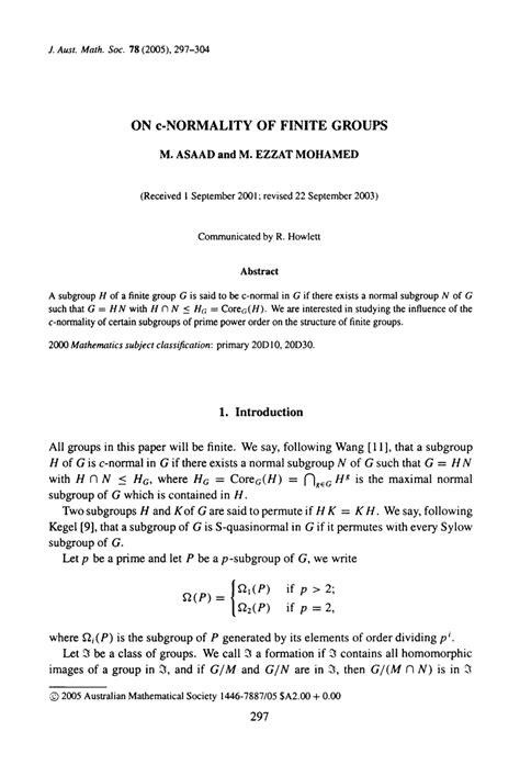 Pdf On C Normality Of Finite Groups