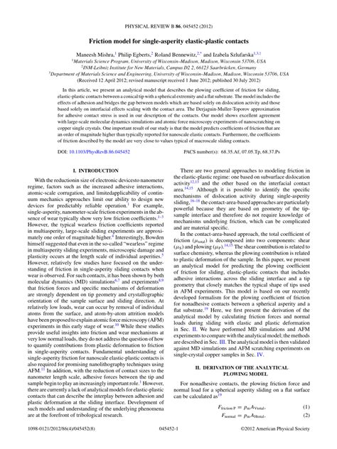 Pdf Friction Model For Single Asperity Elastic Plastic Contacts