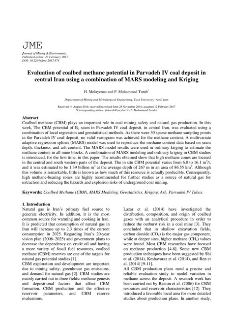 Pdf Evaluation Of Coalbed Methane Potential In Parvadeh Iv Coal Deposit In Central Iran Using